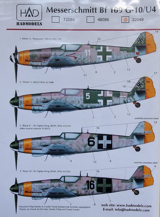 MODELIMEX Online Shop | 1/32 Decal Messerschmitt Bf 109 G-10/U4 (4x ...