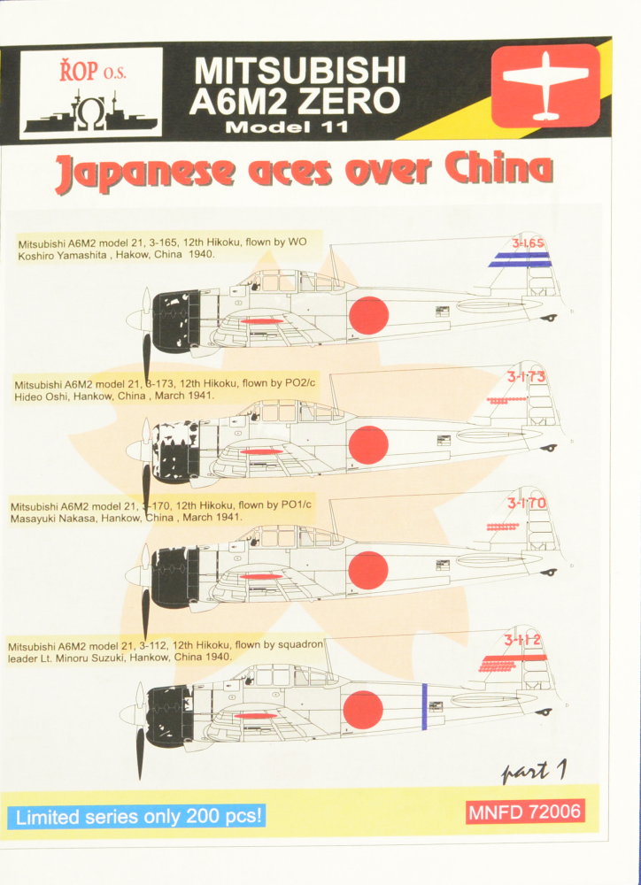 MODELIMEX Online Shop | 1/72 Decals A6M2 ZERO Japanese aces over China ...