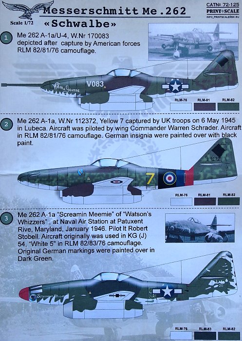 MODELIMEX Online Shop | 1/72 Messerschmitt Me.262 Schwalbe (wet decals ...